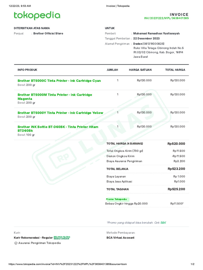 Invoice - Tokopedia Tinta Brother | PDF