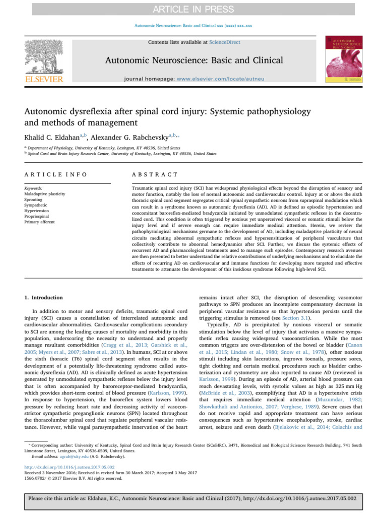 Autonomic Dysreflexia After Spinal Cord Injury Systemic Pathophysiology ...