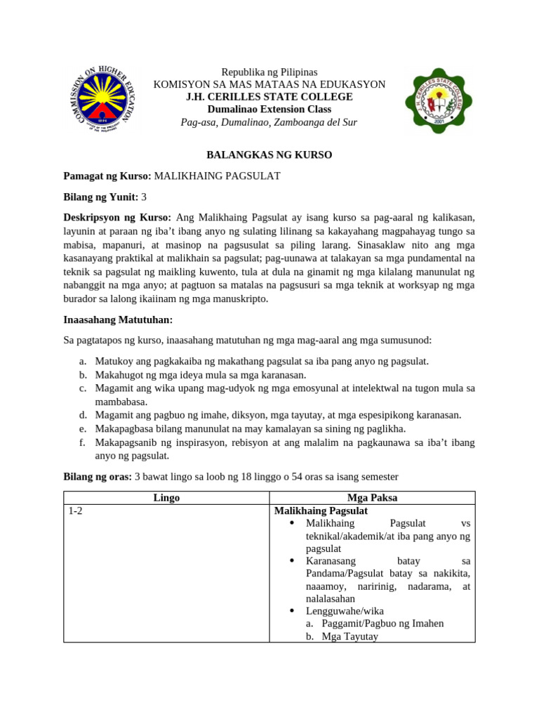 Fil 305 Balangkas NG Kurso | PDF