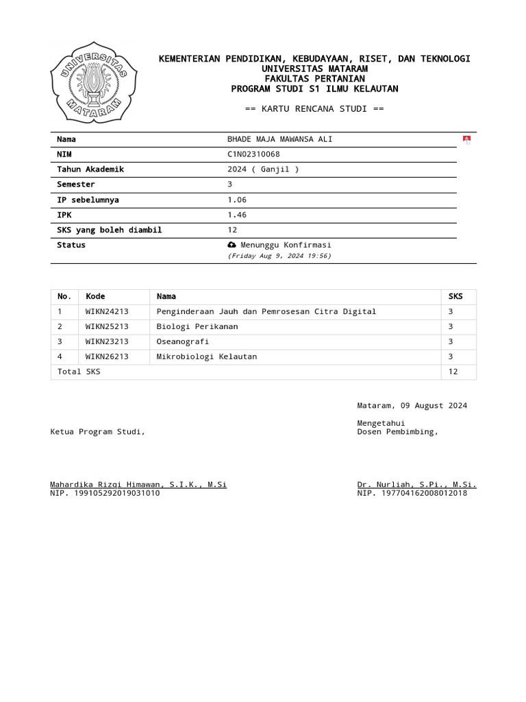 Cetak KRS Mahasiswa Sistem Informasi Akademik | PDF