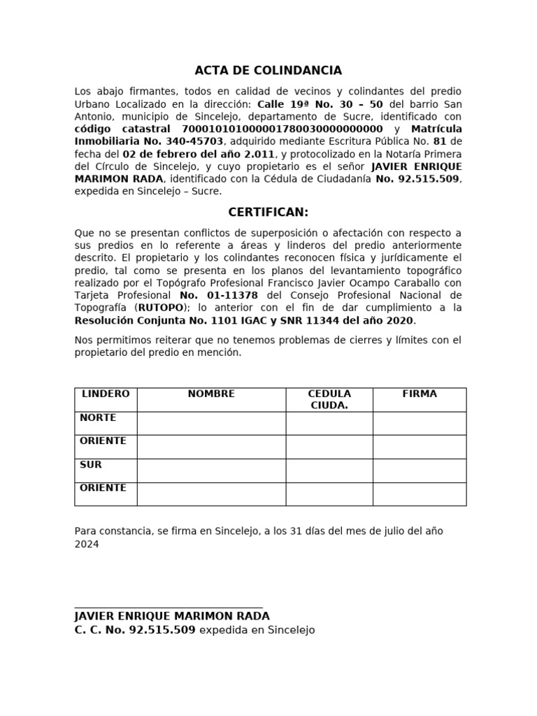 Acta De Colindancia Pdf