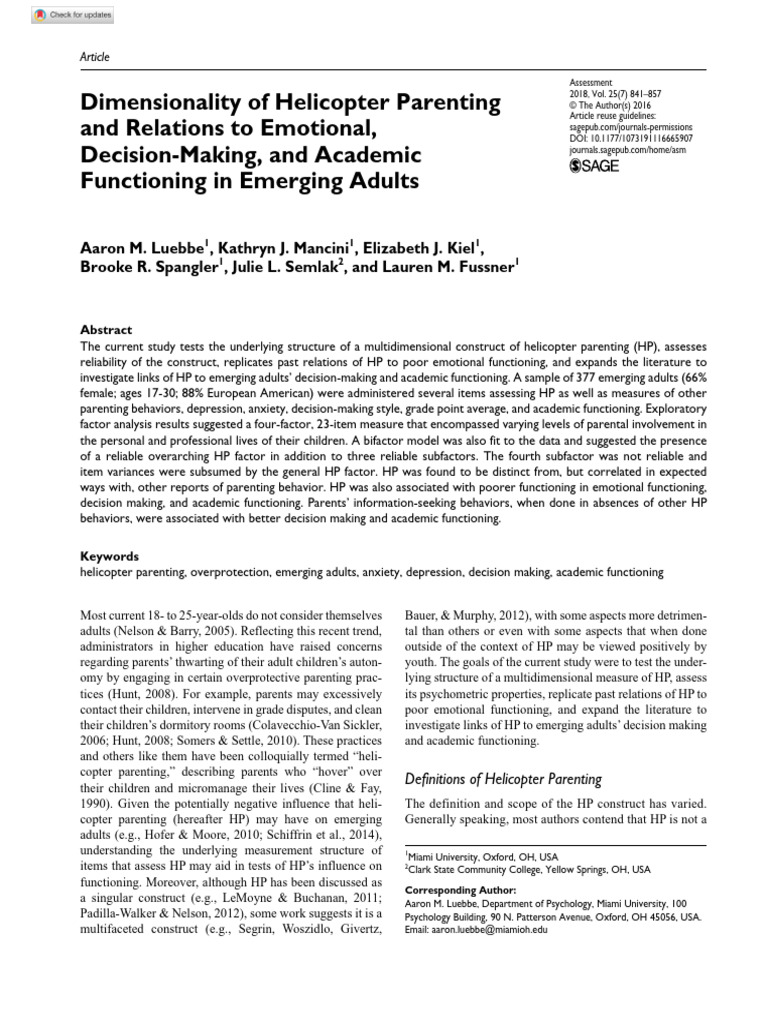 Luebbe Et Al 2016 Dimensionality of Helicopter Parenting and Relations To Emotional Decision ...