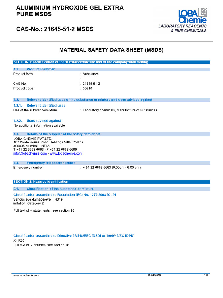 MSDS ALUMINIUM HYDROXIDE GEL CASNO 21645 51 00910 EN - Aspx | PDF ...
