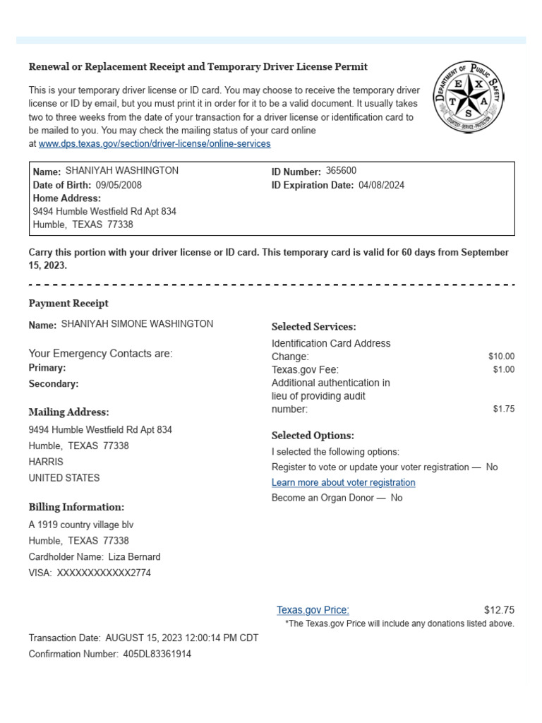 Temporary Texas ID Receipt | PDF | Identity Document | Driver's License