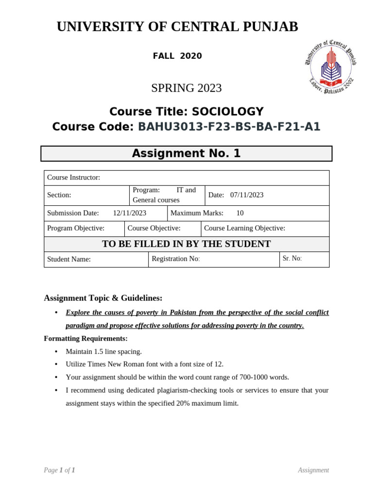 Sociology Assignment: Poverty in Pakistan | PDF