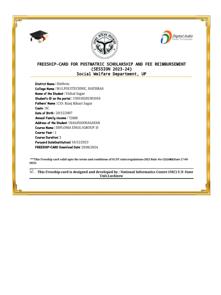 Freeship-Card For Postmatric | PDF