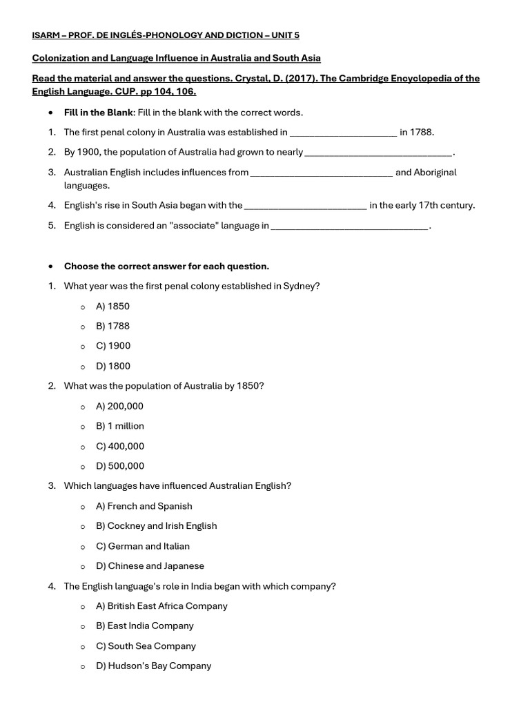 ACTIVITY Colonization and Language Influence in Australia and South ...