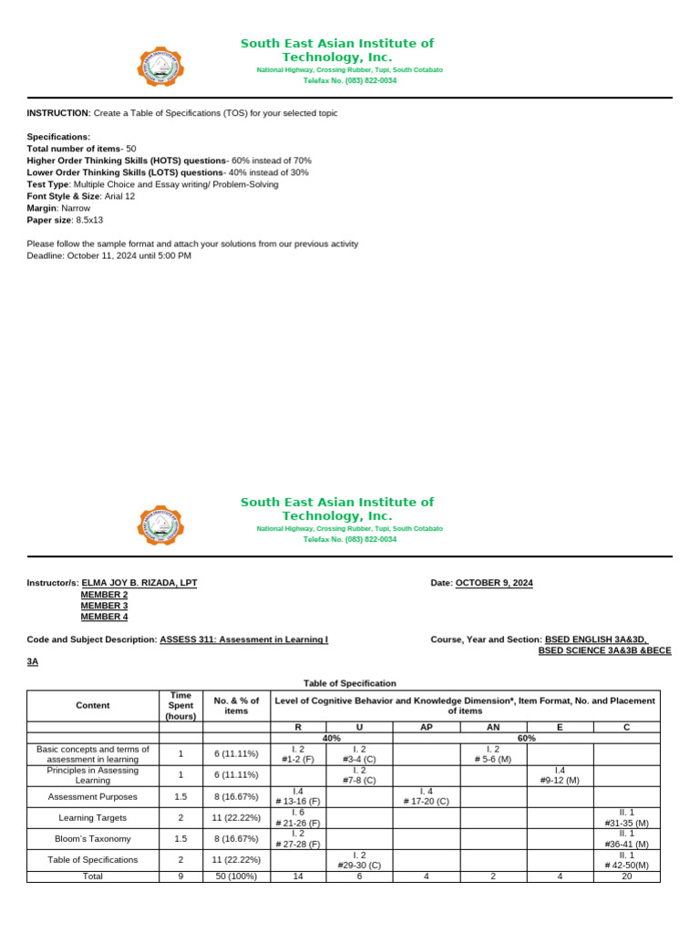 TOS-MAKING-ACTIVITY | PDF | Multiple Choice | Cognition