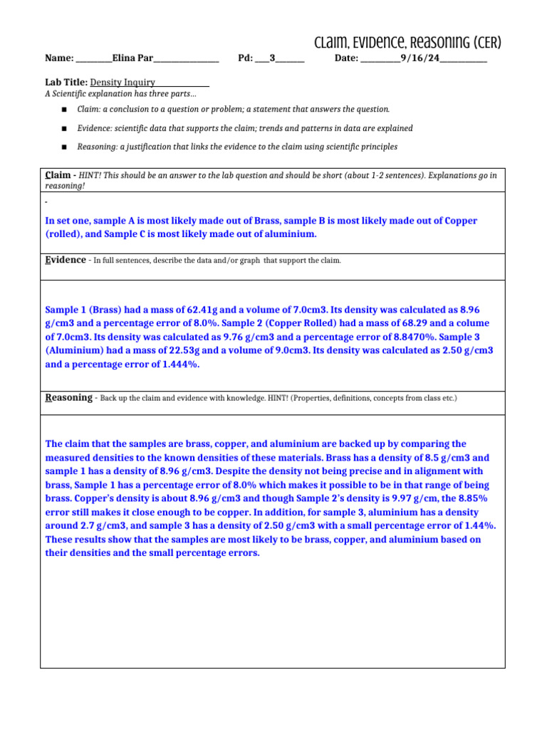 Density Inquiry: CER Lab Analysis | PDF | Science & Mathematics