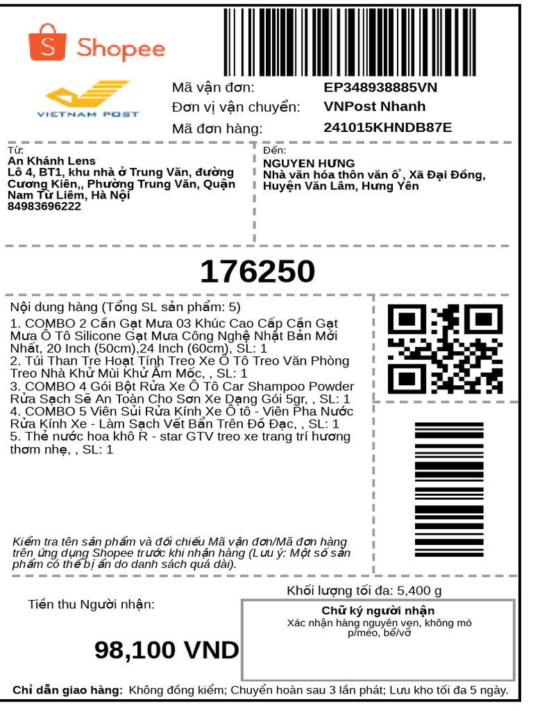 Mã V NĐ N: Đ NV V N Chuy N: Mã Đ N Hàng:: Ep348938885Vn Vnpost Nhanh 241015Khndb87E | PDF