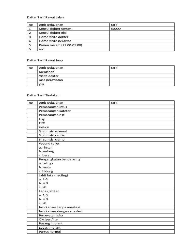 Daftar Tarif Klinik Rena | PDF