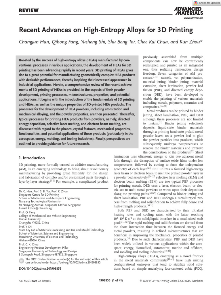 Recent Advances On High Entropy Alloys For 3D Printing | PDF | 3 D Printing | Aerosol