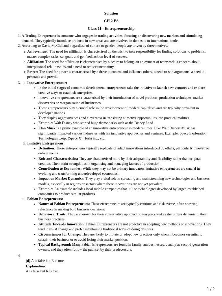 Solution of Class Test 2 Es 11 TH | PDF | Entrepreneurship | Innovation