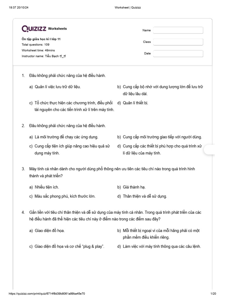Worksheet - Quizizz | PDF