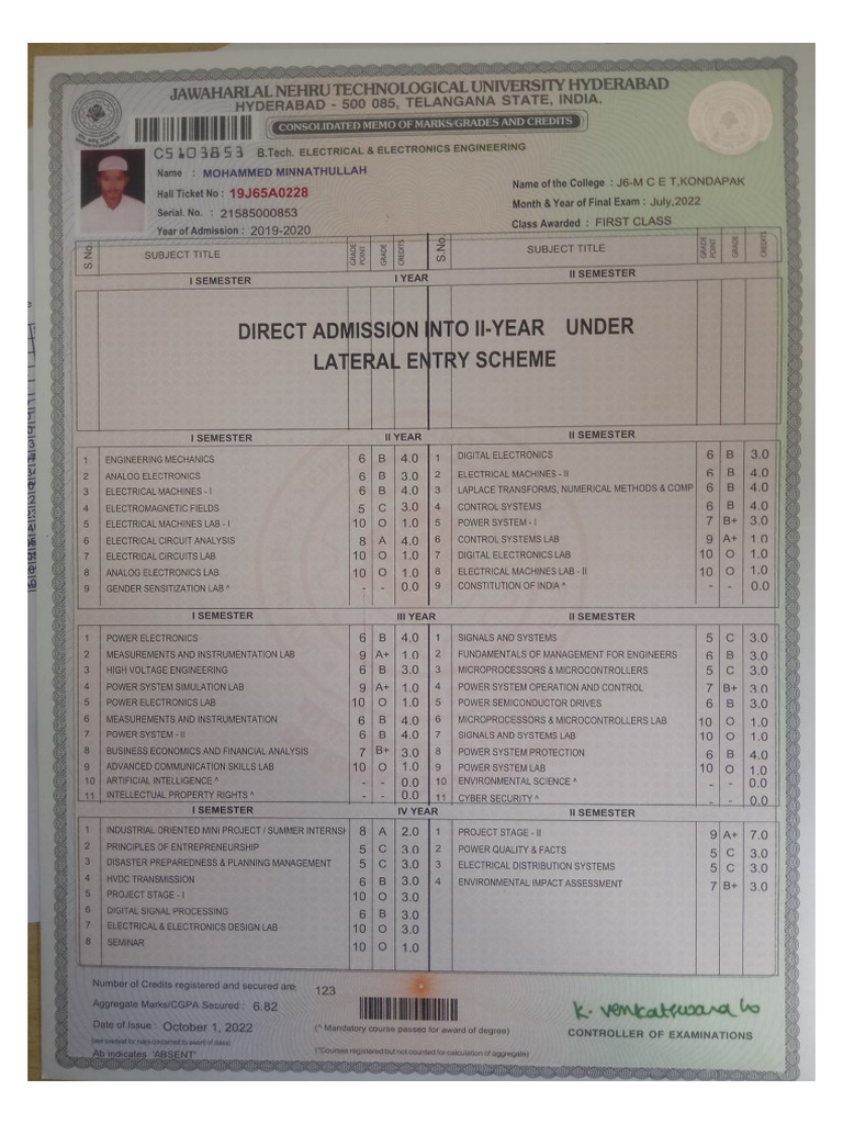 BTech Marks Memo | PDF