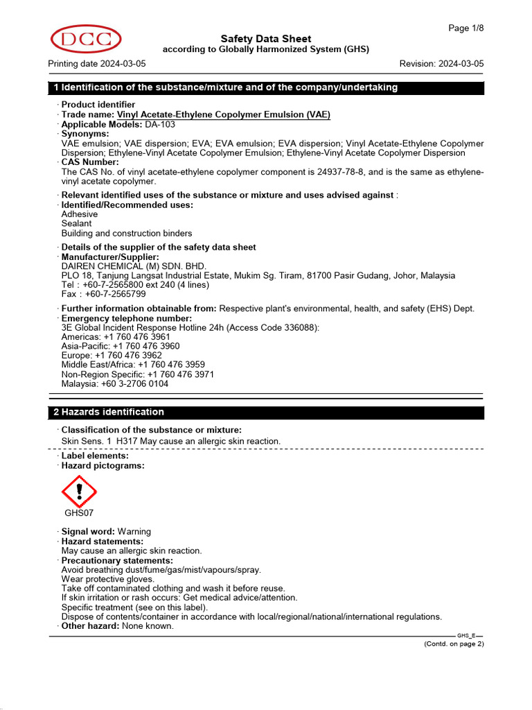 VAE Emulsion Safety Data Sheet | PDF | Materials