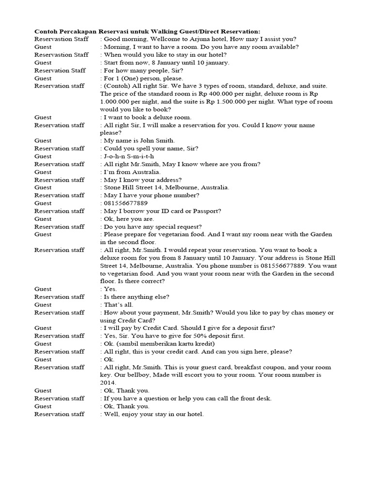 Contoh Percakapan Reservasi Untuk Walking Guest Dan Lewat Telepon | PDF