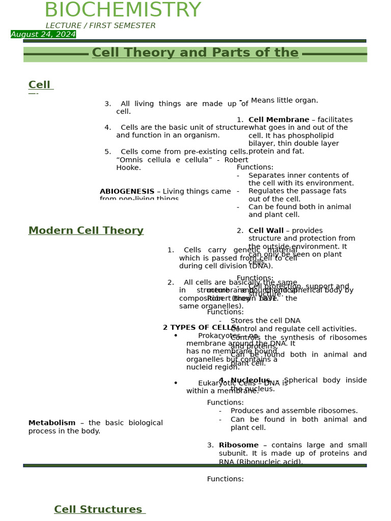 LEC 2 (Cell Theory & Parts of The Cell) | PDF | Cell (Biology) | Endoplasmic Reticulum