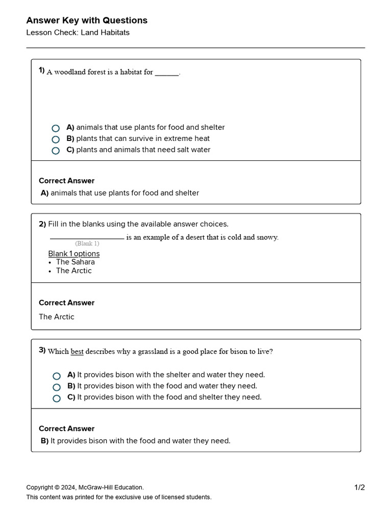 Lesson+Check+Answer+Key Land+Habitats V2 | PDF
