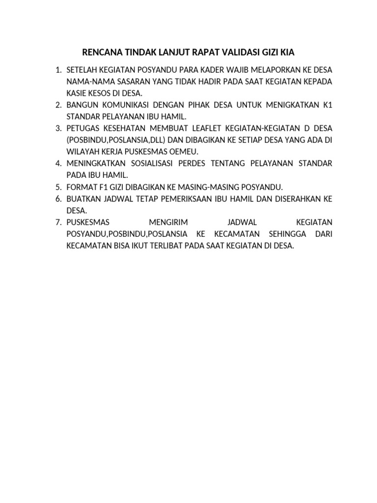 Rencana Tindak Lanjut Rapat Validasi Gizi Kia | PDF