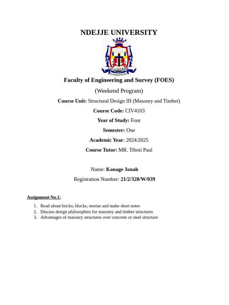 Assignment No1 Kanage Jonah | PDF | Mortar (Masonry) | Masonry
