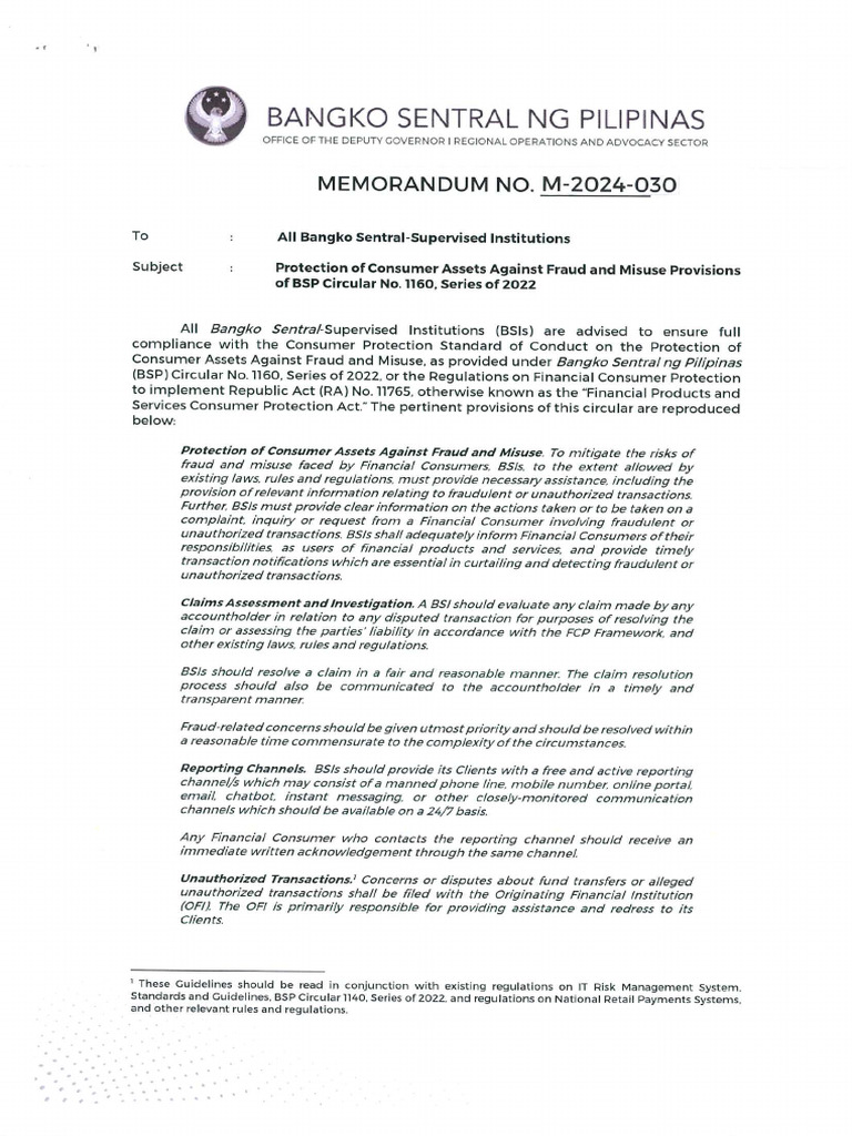 BSP Guidelines on Consumer Asset Protection | PDF | Government ...