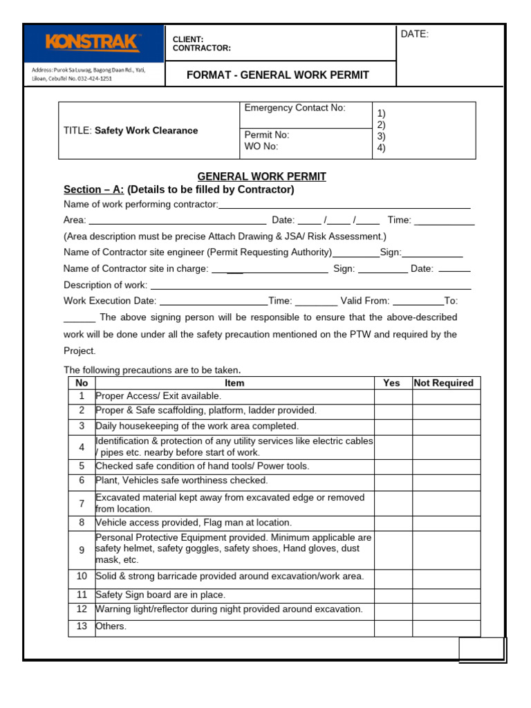 GENERAL WORK PERMIT | PDF | Safety