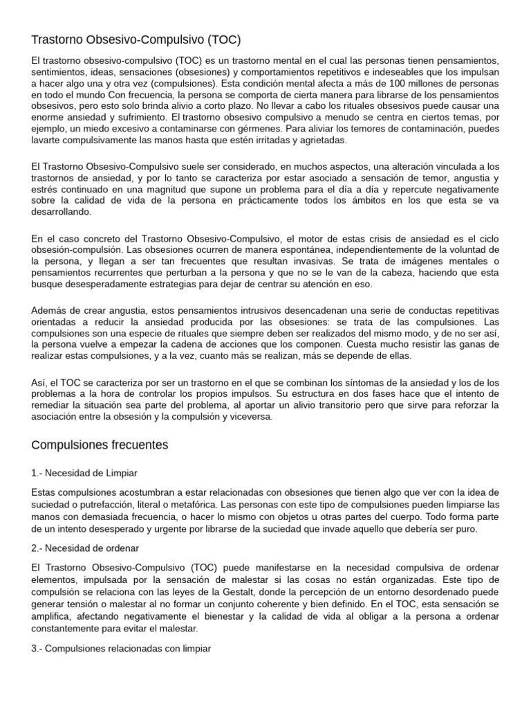 TOC: Síntomas, Causas y Tratamientos | PDF | Desorden obsesivo compulsivo | Terapia de conducta ...