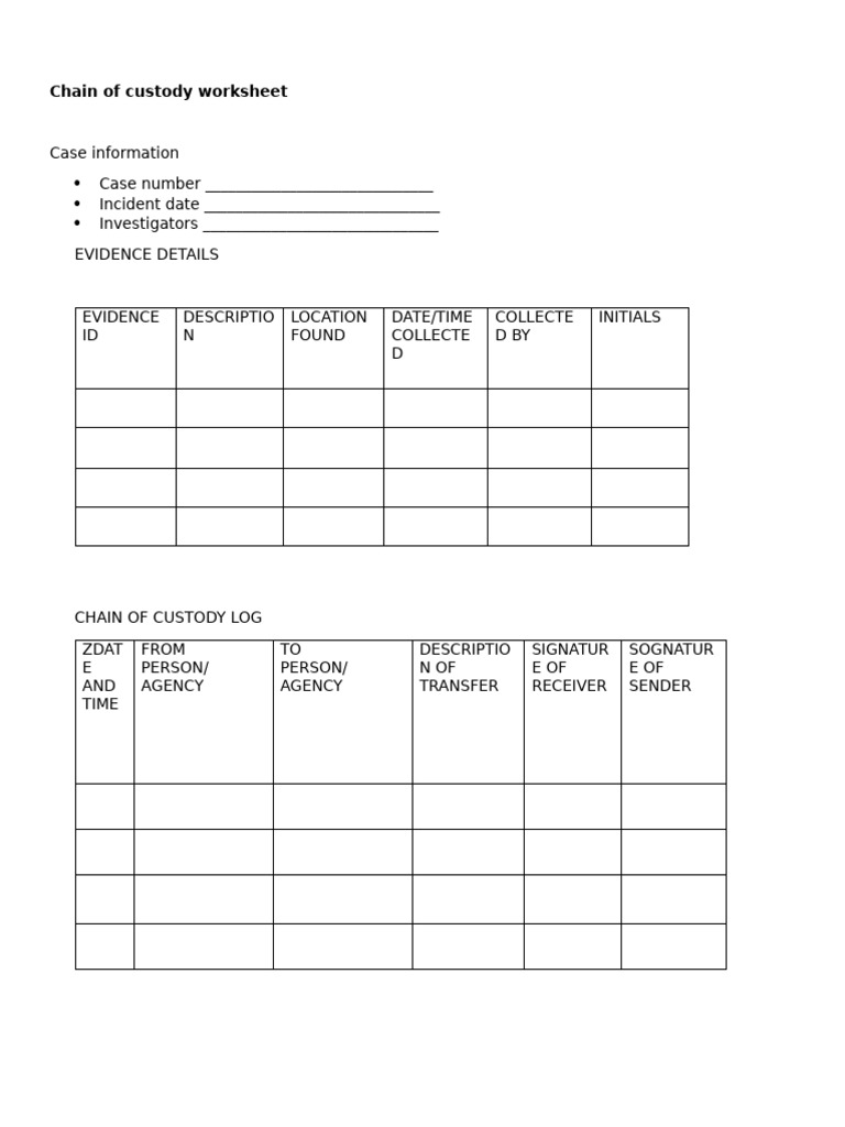 Chain of Custody Worksheet | PDF