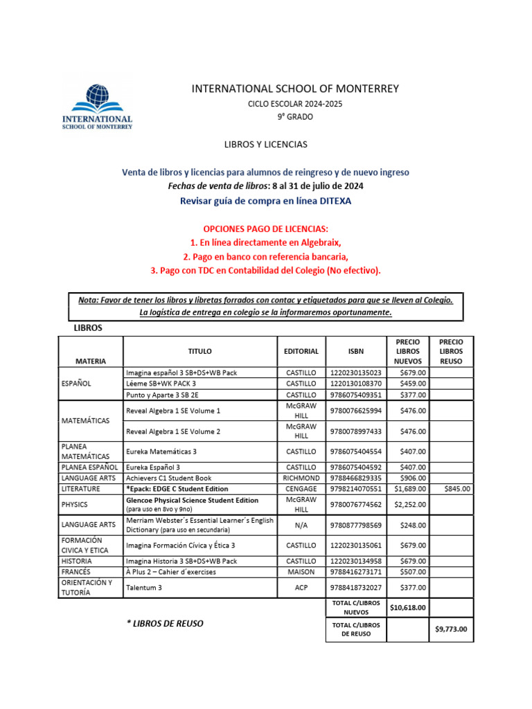 Lista de Libros Secundaria 3Â° 24-25 | PDF