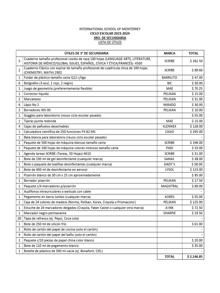 Lista de Ãºtiles secundaria 3Â° 24-25 | PDF