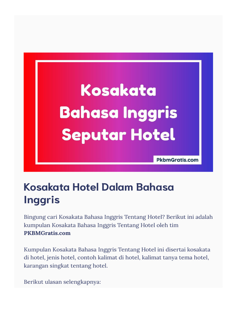 45 Kosakata Hotel Dalam Bahasa Inggris Dan Artinya | PDF | Seni & Disiplin Bahasa