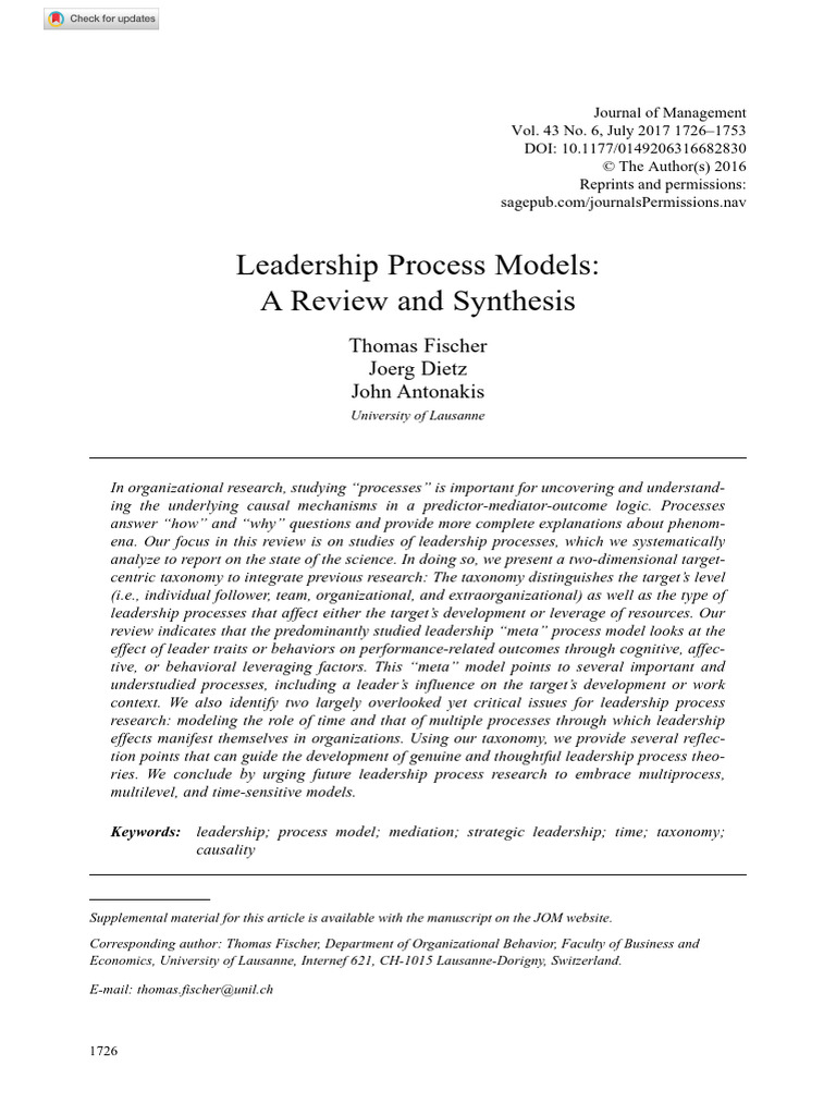 Fischer Et Al 2016 Leadership Process Models A Review and Synthesis 1 ...