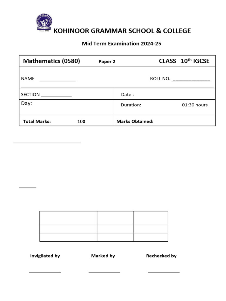 10IGCSE (P2) - Maths - Mid Term 2024-25 | PDF | Refrigerator | Mathematics