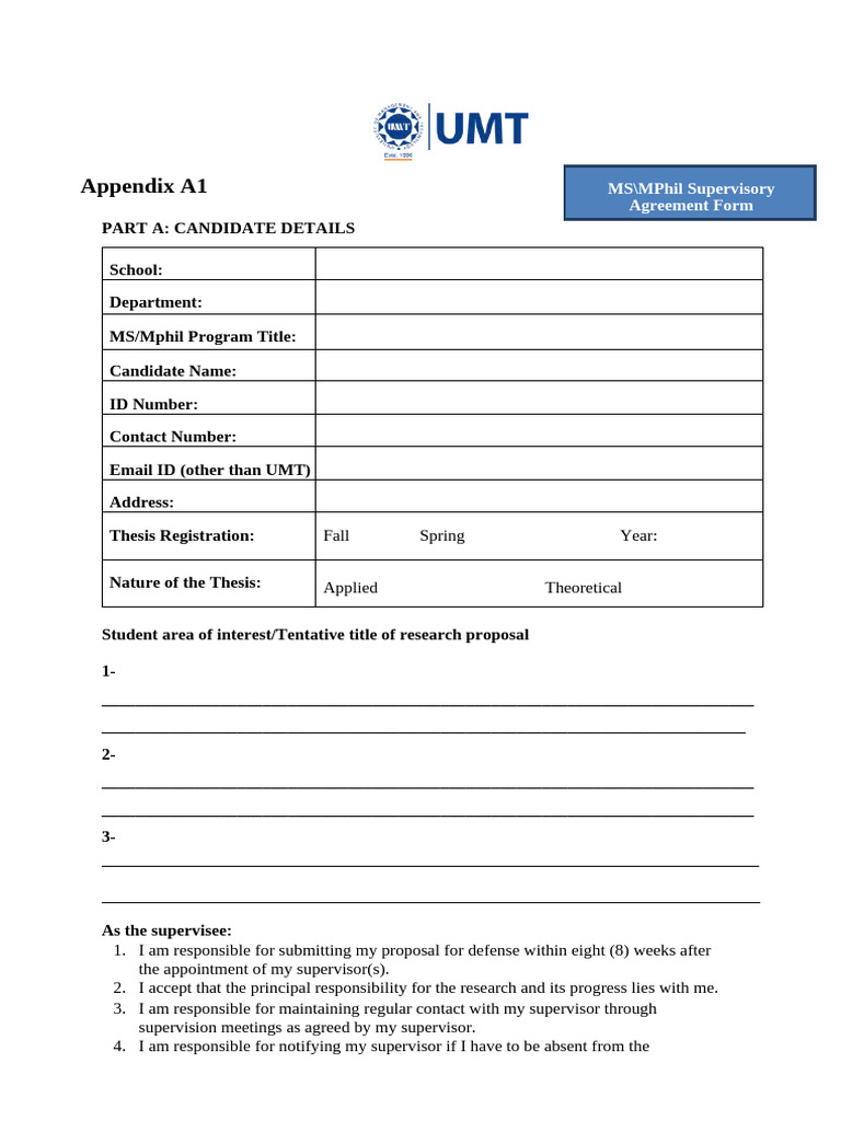 Appendix A1 MS MPhil Supervisory Agreement Form | PDF | Thesis