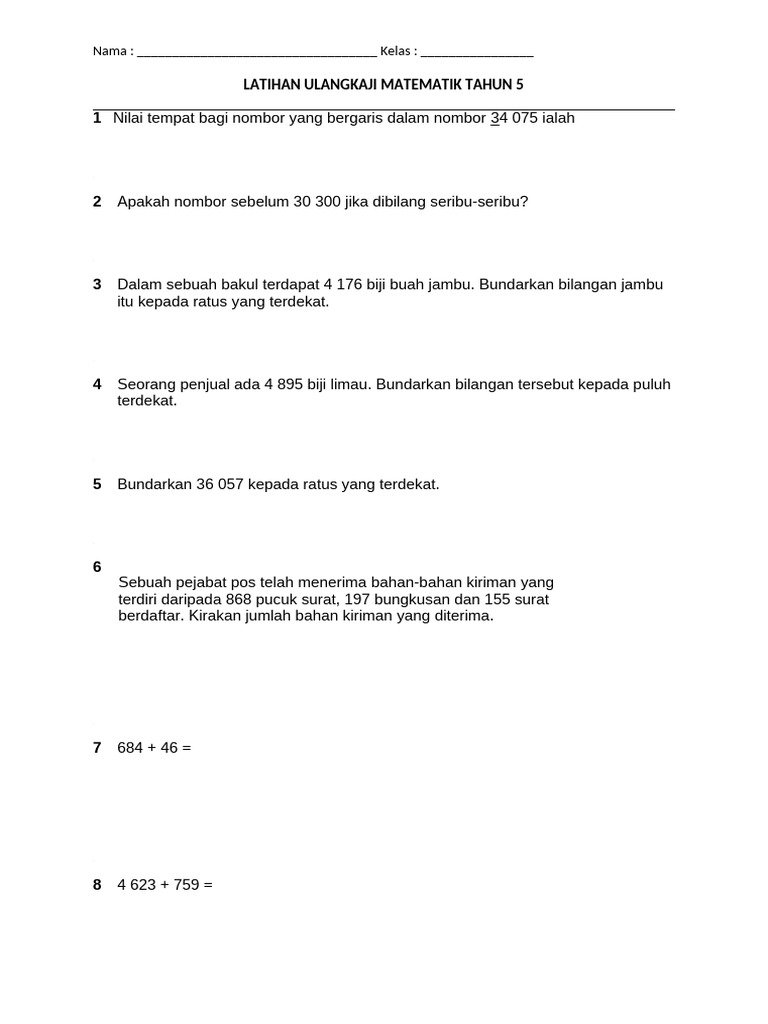 Latihan Ulangkaji Math Tahun 5 | PDF