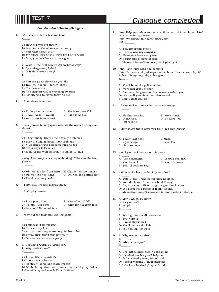 Dialogue Completion Test 7 | PDF