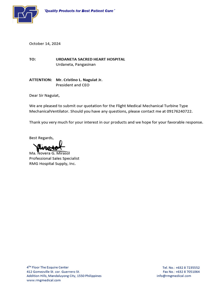 Quotation of Flight 60 Ventilator for Urdaneta Sacred Heart Hospital ...