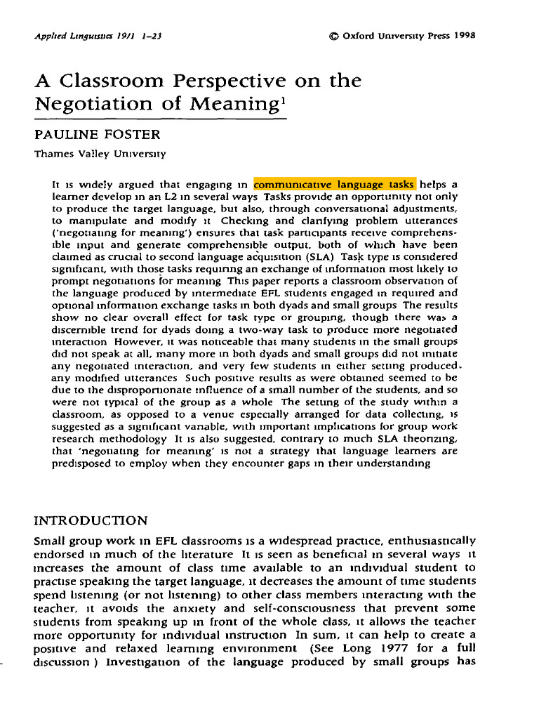 Negotiating Meaning in EFL Classrooms | PDF | Second Language ...
