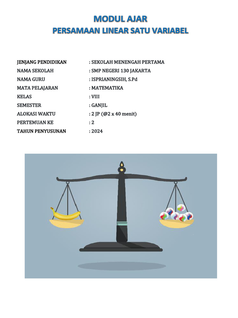 Modul Ajar Persamaan Linear Satu Variabel | PDF