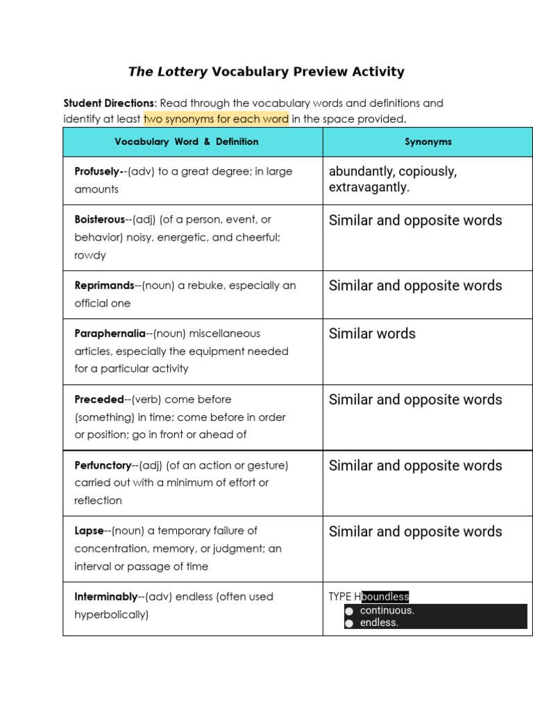 Copy of The Lottery Vocabulary Preview Activity | PDF | Language Arts ...