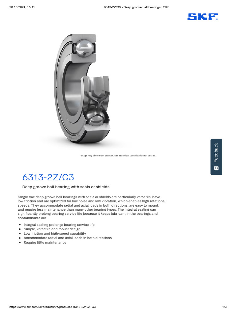 6313-2Z - C3 - Deep Groove Ball Bearings - SKF | PDF | Bearing (Mechanical) | License