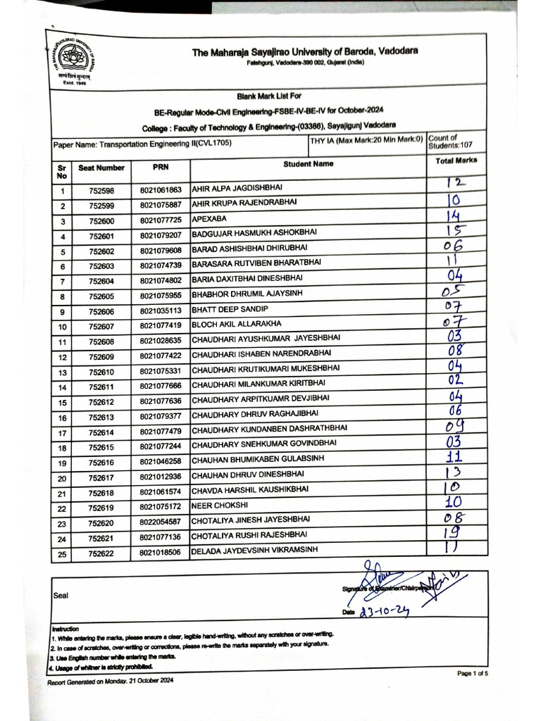 Internal Test Marks T.E. II | PDF