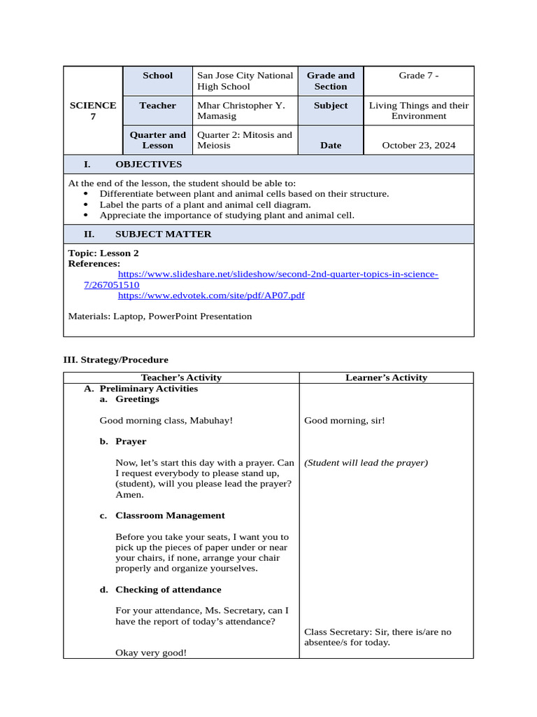 Mitosis and Meiosis Lesson Plan for Grade 7 | PDF | Mitosis | Systems ...