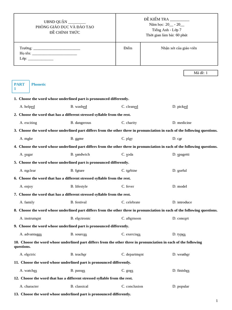 Word Stress Practice for Grade 7 | PDF | Stress (Linguistics) | Teaspoon
