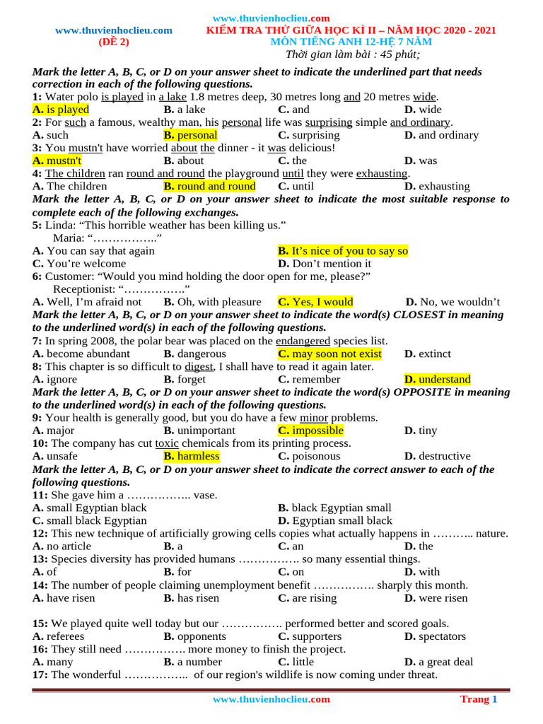 De Thi Giua HK2 Tieng Anh 12 He 7 Nam | PDF