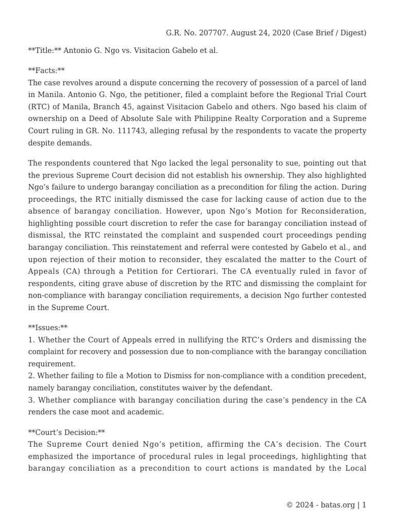 Ngo vs. Gabelo: Barangay Conciliation Case | PDF | Complaint | Mootness