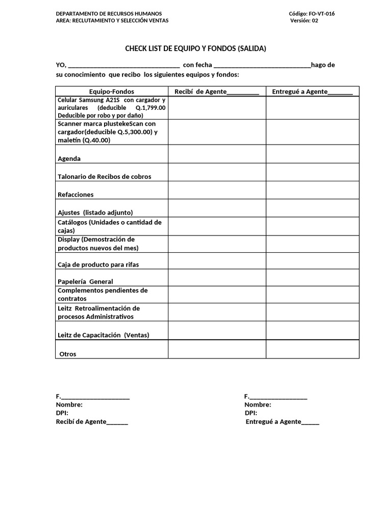 Check List Equipos y Fondos Ventas | PDF | Finanzas y dinero