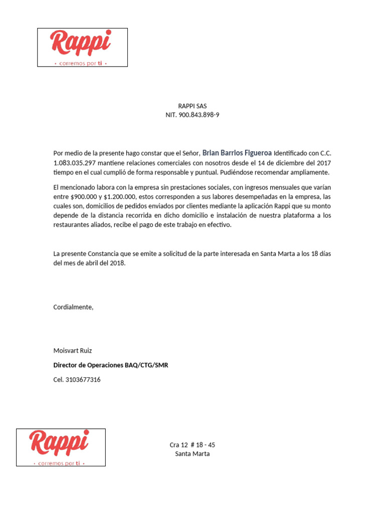 Constancia de Trabajo de Brian Barrios | PDF