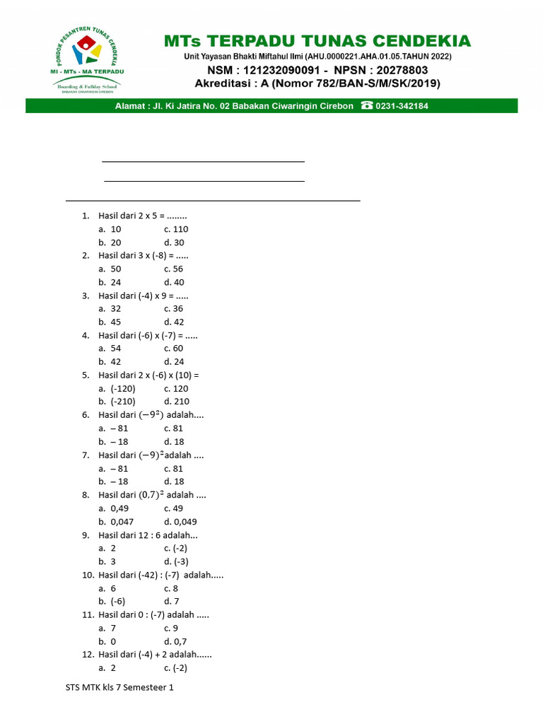 SOAL STS MATEMATIKA KELAS VII SEMESTER 1 Ok | PDF
